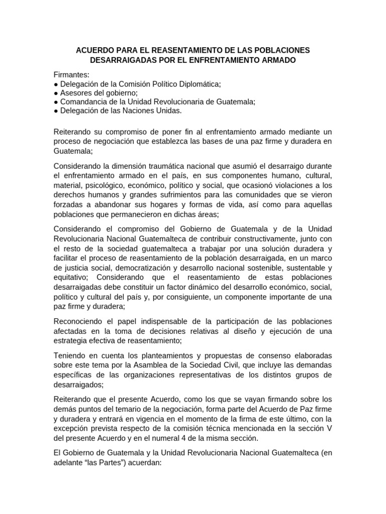 Acuerdo para El Reasentamiento de Las Poblaciones Desarraigadas Por El ...