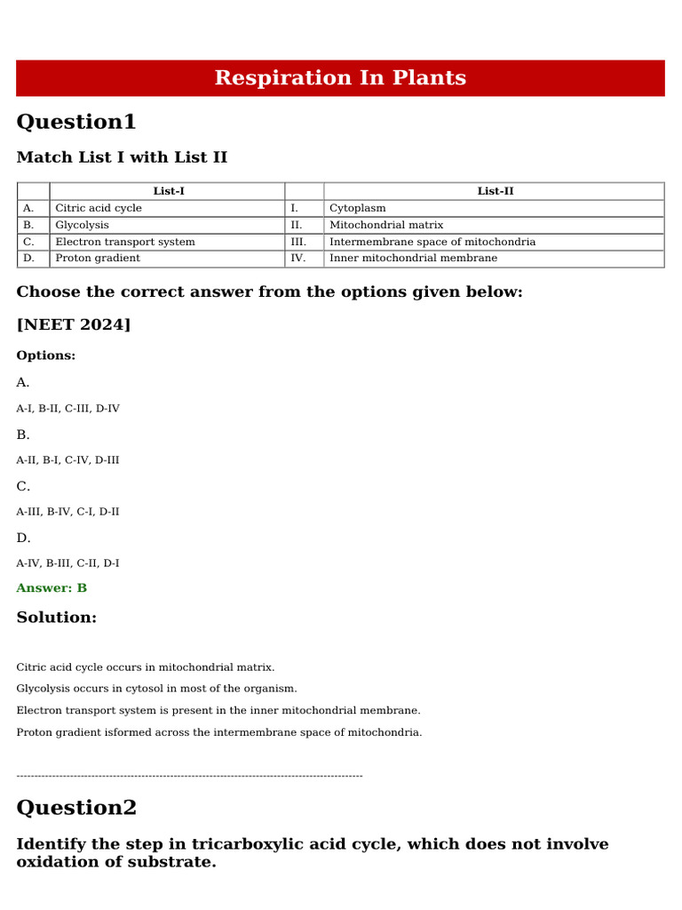 Respiration in Plants Pyq | PDF | Cellular Respiration | Diet & Nutrition