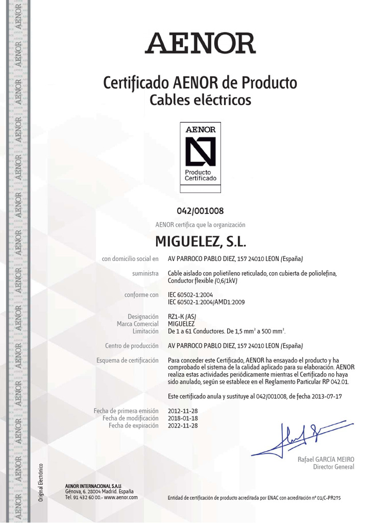 AFIRENAS-X RZ1-K(AS) IEC y UNE Certificado AENOR | PDF