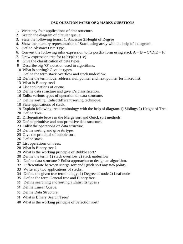 Dsu Question Paper of 2 Marks Questions | PDF Dsu Question Paper of 2 Marks Questions | PDF