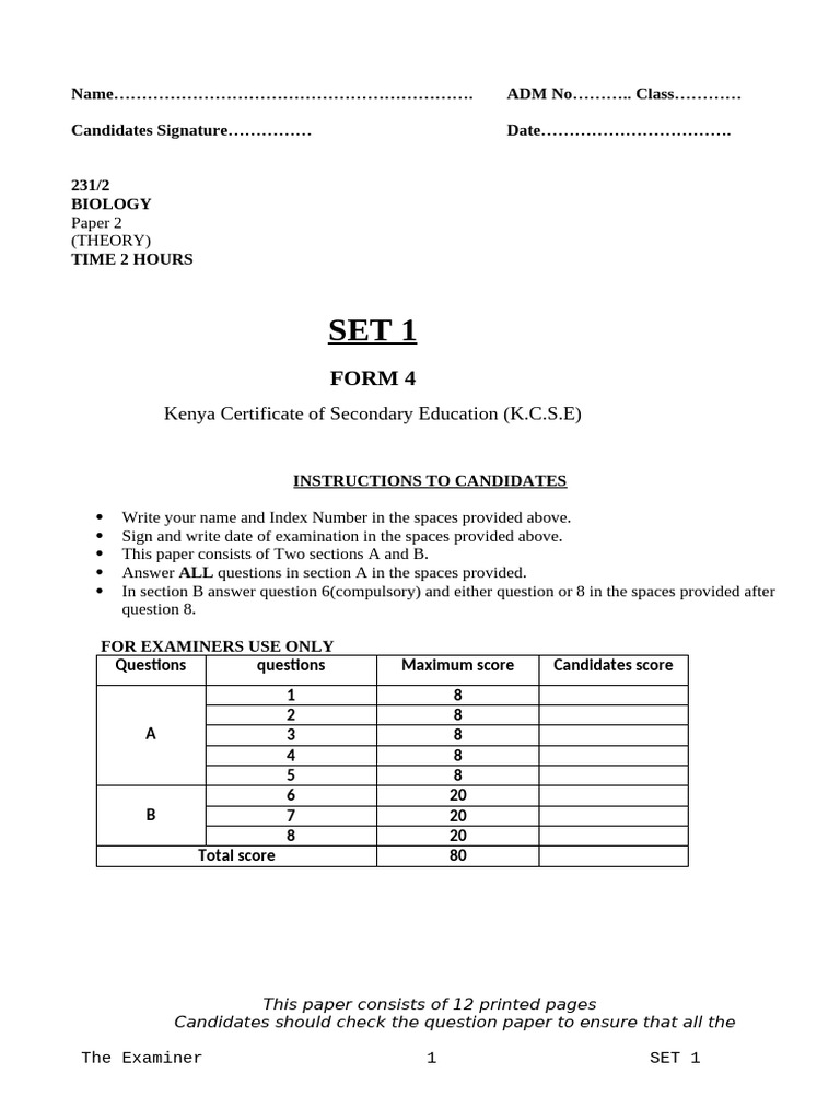 BIO P2 SET 1 | PDF