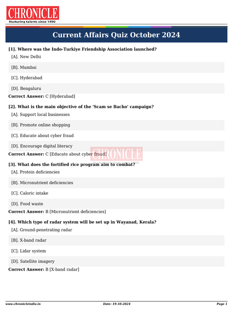 Current Affairs Quiz October 2024 | PDF