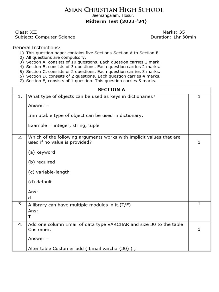 CLASS 12 Midterm QP With Ans (Aug'23) | PDF | Parameter (Computer Programming) | Computer ...