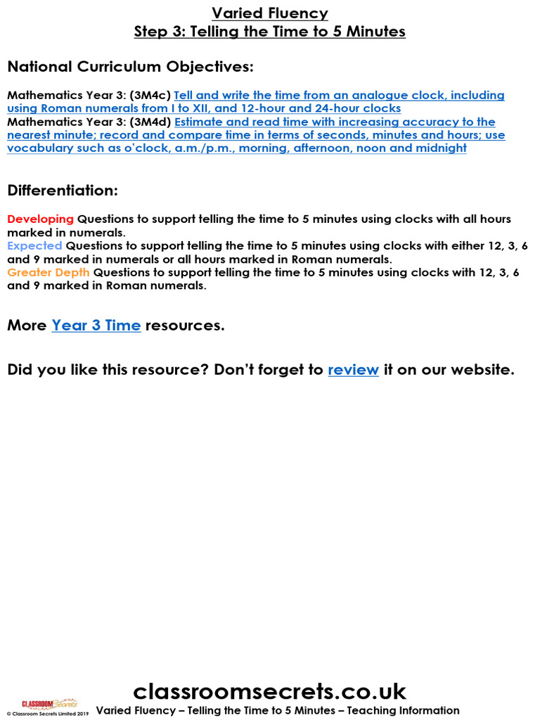 Year 3 Time: Telling Time to 5 Minutes | PDF | Spacetime