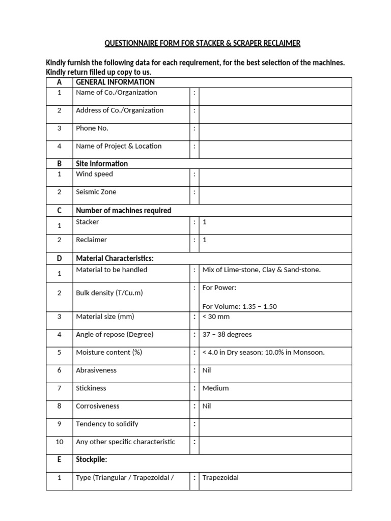 Questionnaire Form For Stacker & Scraper Reclaimer | PDF