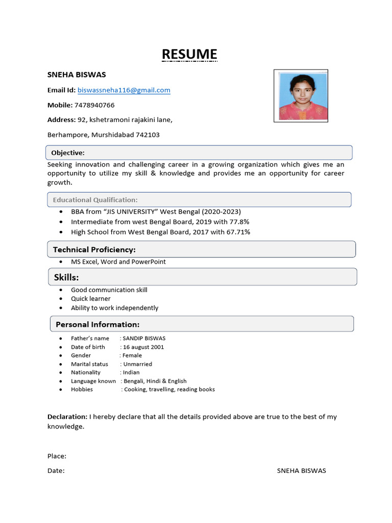 Sneha Biswas Cv-1 | PDF
