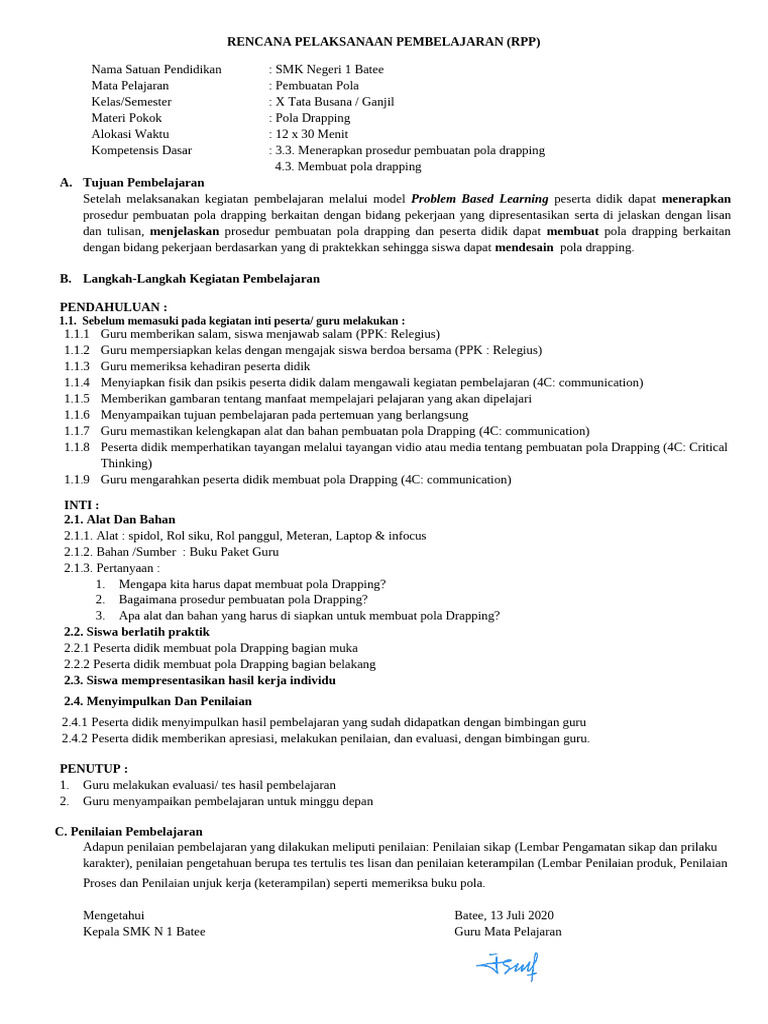 RPP PEMBUATAN POLA KELAS X TATA BUSANA (Menerapkan Prosedur Pembuatan Pola Drapping) | PDF