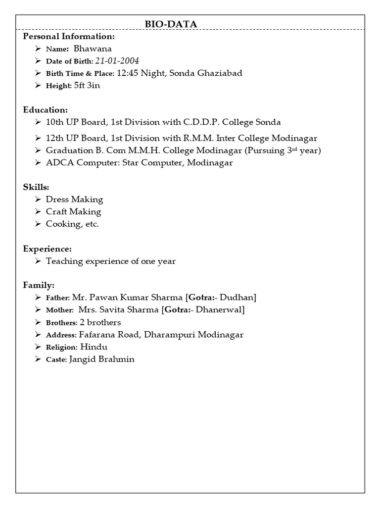 Bhawana's Bio-Data and Profile | PDF