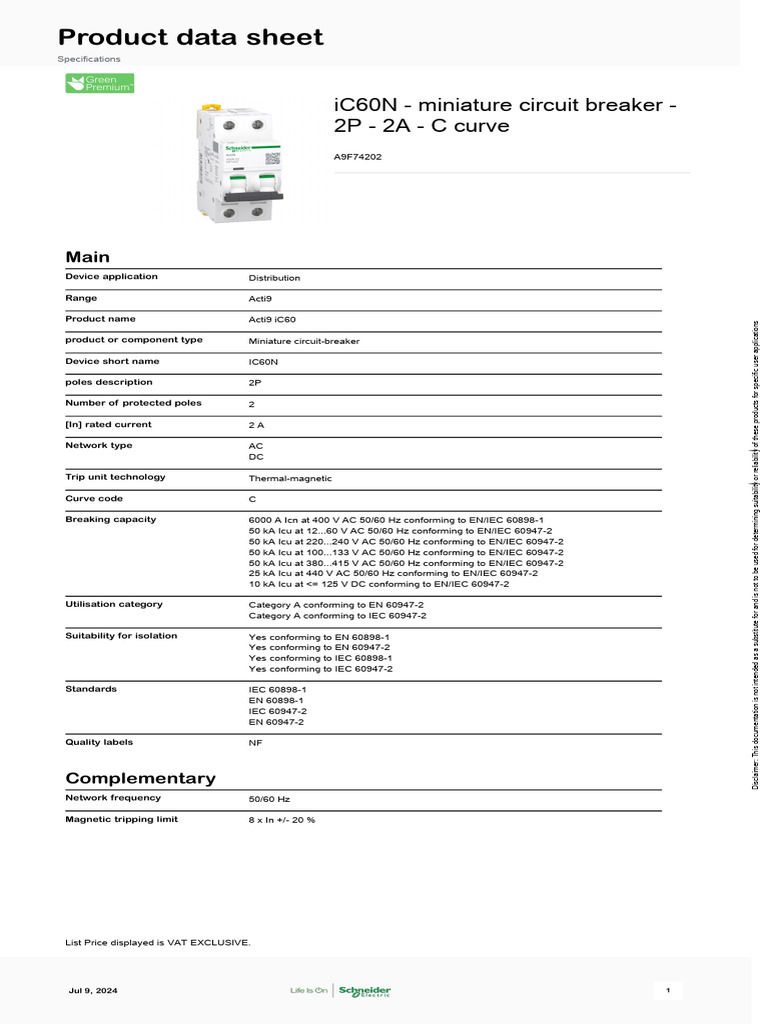 Schneider Electric - Acti9-iC60 - A9F74202 | PDF | Electric Power ...