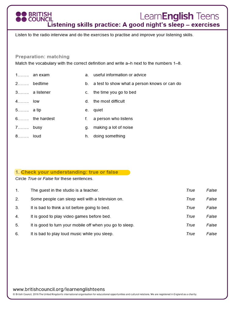 Listening Skills: Sleep Tips Exercises | PDF