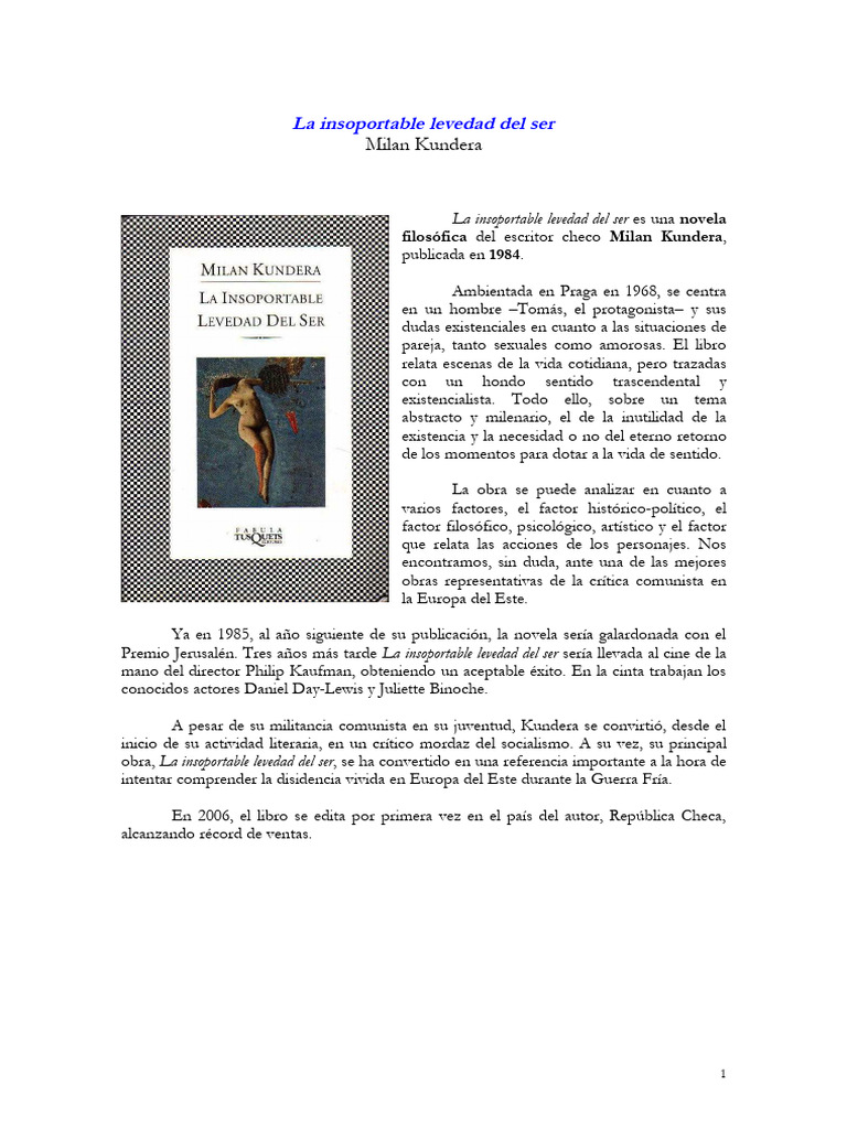 Análisis de "La insoportable levedad del ser" | PDF