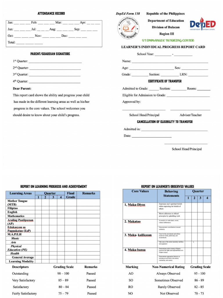 DepED Form 138 Sample | PDF