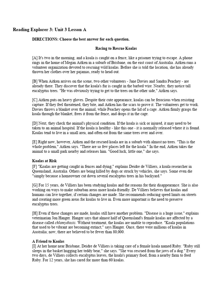 Reading Explorer 3 Unit 3 Lesson A | PDF | Koala