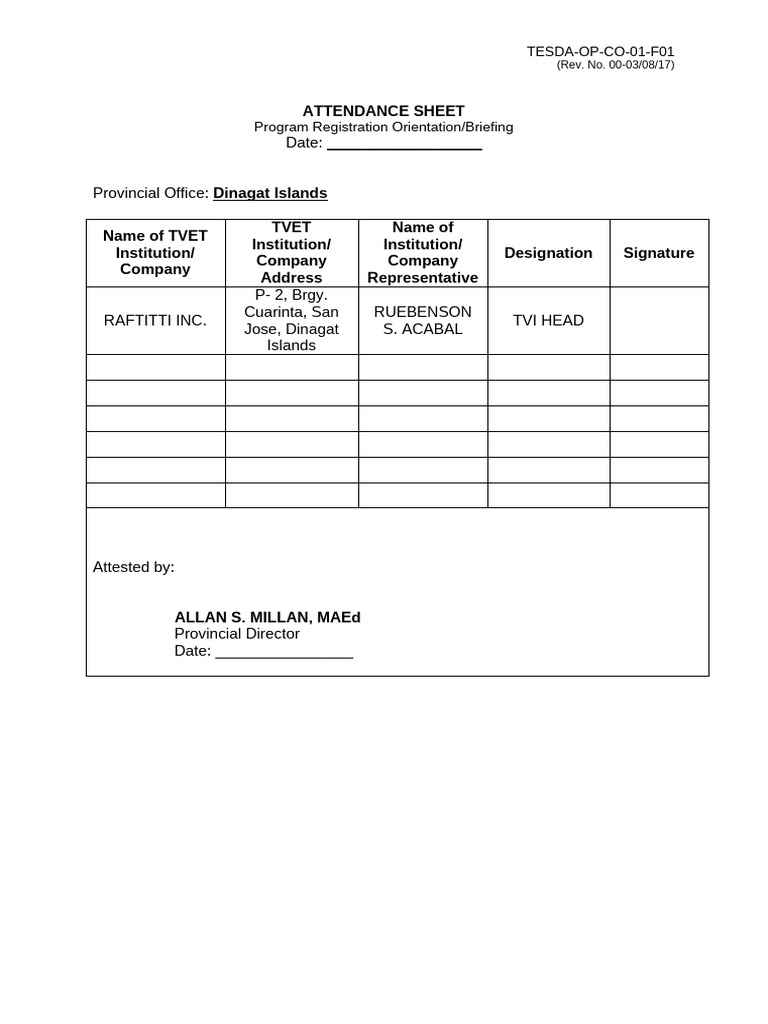 1 TESDA OP CO 01 F01 Attendandance Sheet | PDF