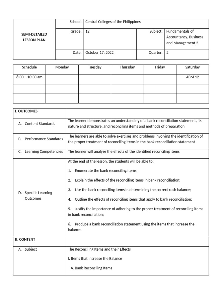 OBE Lesson Plan: Bank Reconciliation | PDF | Banks | Behavior Modification