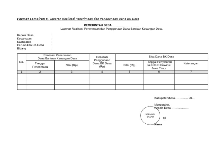 Format Lampiran 5 - Laporan Realisasi - DESA | PDF