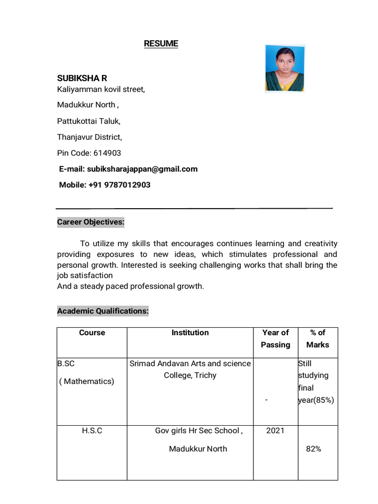 Subiksha R - Mathematics Student Resume | PDF