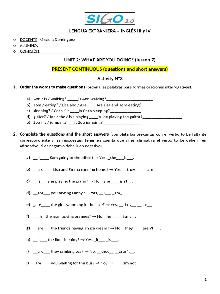 SIGO 3.0 - Lengua Extranjera Ingles - Unit 2 - Activity 3 | PDF
