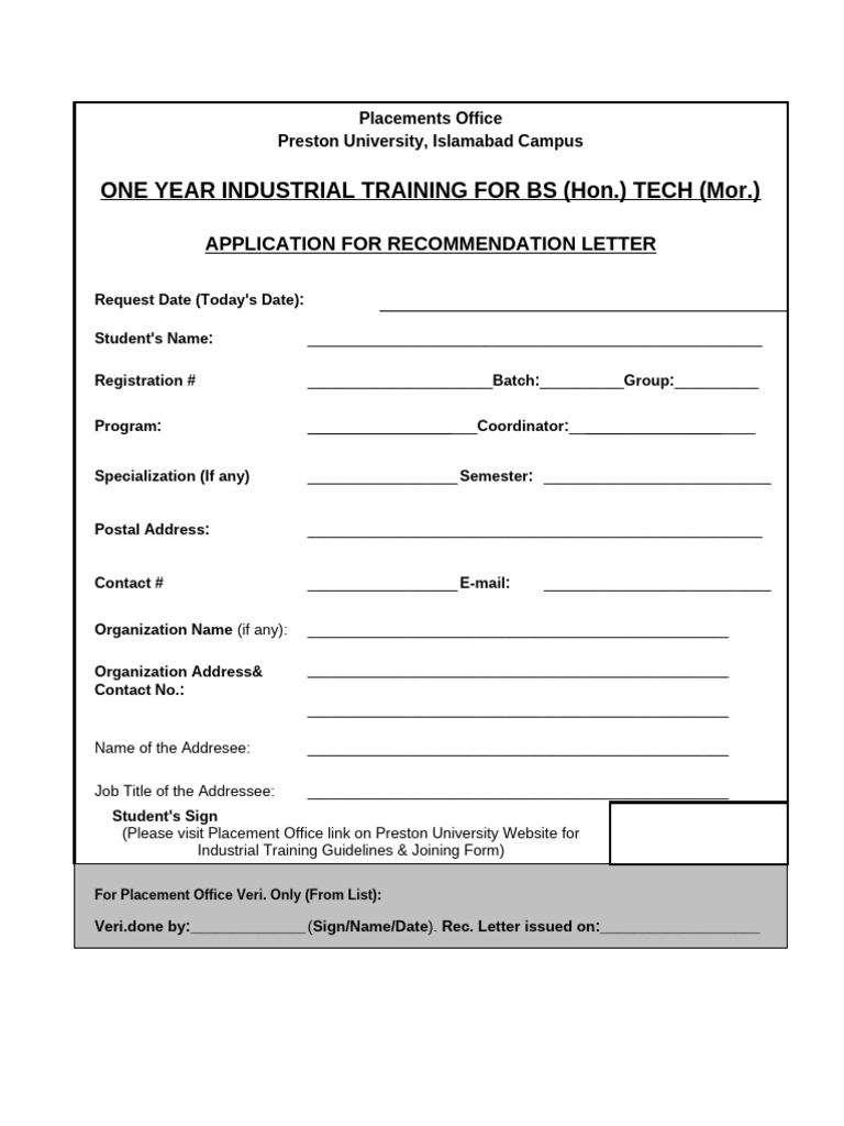 Application Form for Industrial Training Recommendation Letter -BS Technology | PDF
