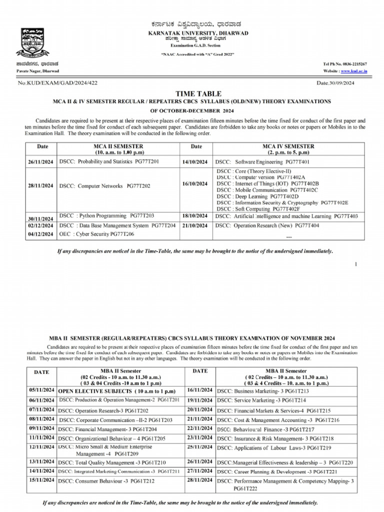 MCA & MBA - MBA (Logistics Management) II & IV Semester Theory Exam Time Table November 2024 | PDF