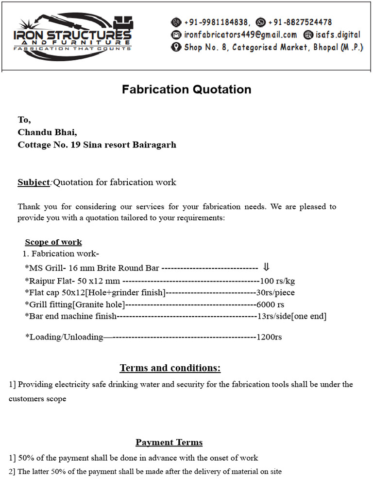 Fabrication Quotation | PDF | Technology & Engineering