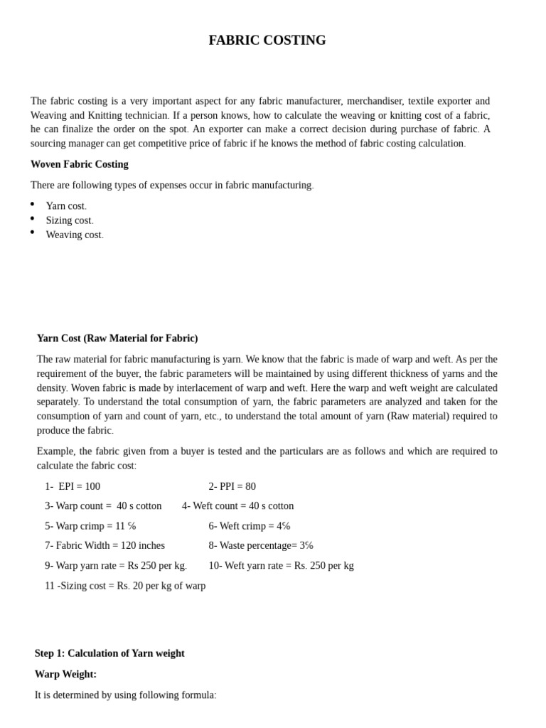Unit 2 Fabric and Garment Costing | PDF | Textiles | Weaving
