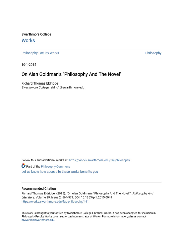 On Alan Goldman - S Philosophy and The Novel | PDF | Rationality ...