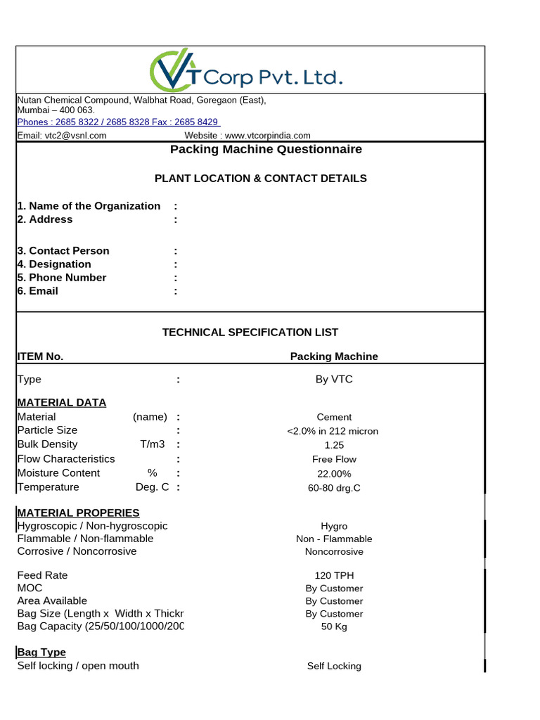 VTC Customer Questionnaire - Packing Machine | PDF