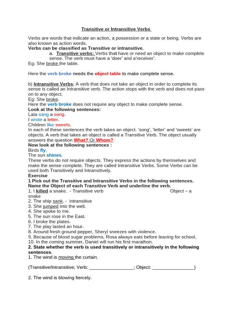 Transitive and Intransitive Verbs | PDF | Verb | Object (Grammar)