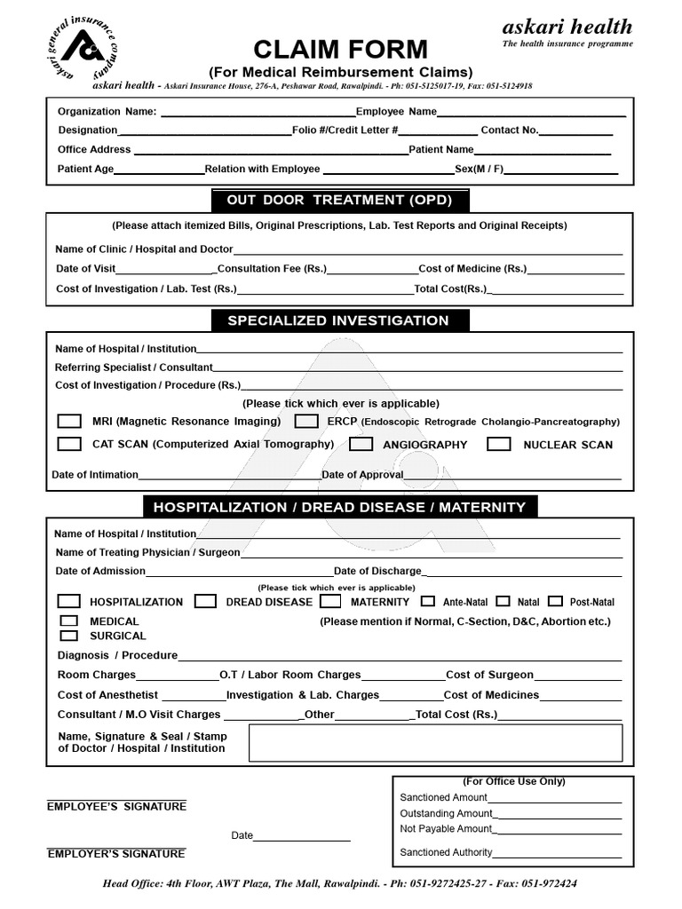 Askari Health Insurance Medical Claim Form | PDF | Hospital | Medicine