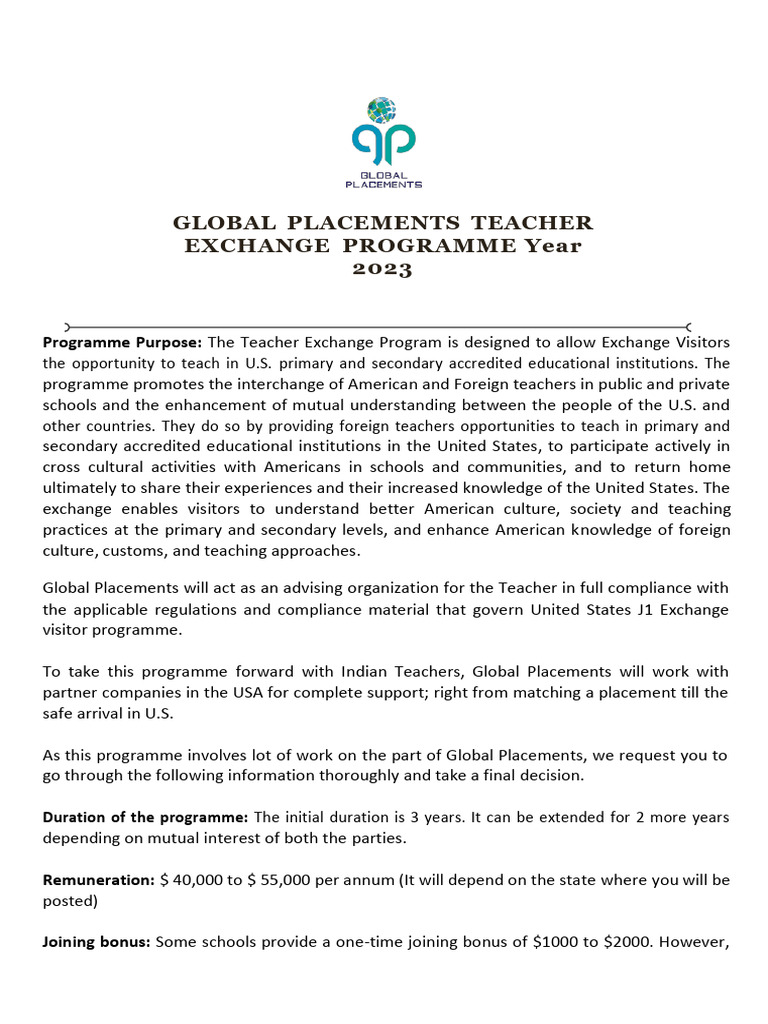Global Placements Agreement - April 2023 | PDF | Salary | Teachers