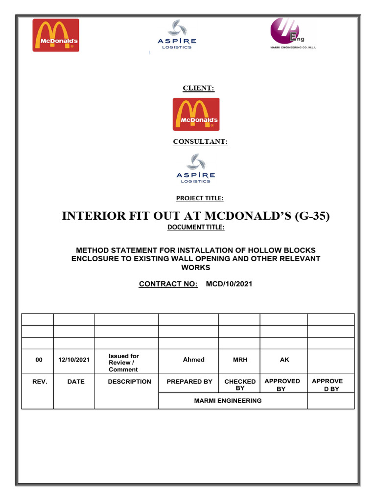 Method Statement for Hollow Block Installation | PDF | Masonry | Mortar ...