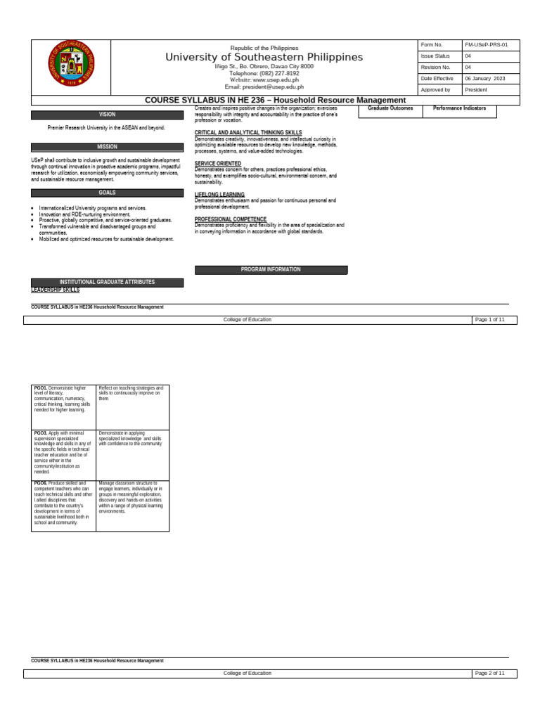 HE236 Household Resource Management Syllabus | PDF | Theory | Learning