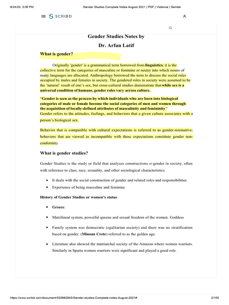 Gender Studies Notes by Arfan Latif 1 | PDF