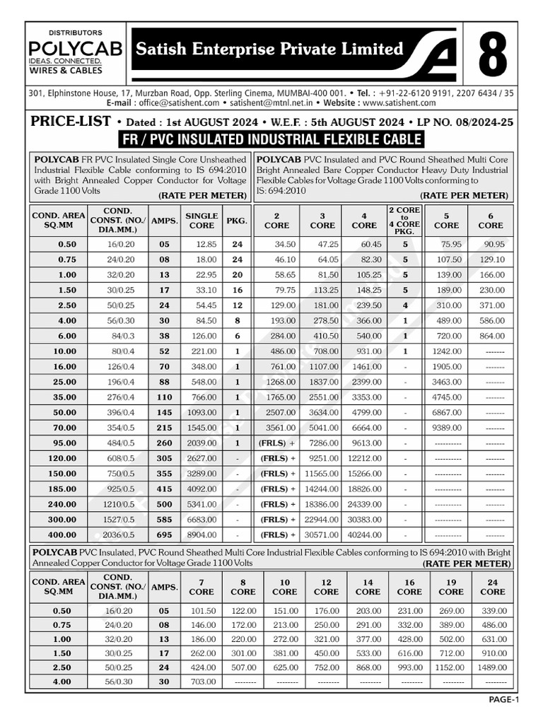 SATISH ENT INDUSTRIAL CABLES Price-List 1st AUGUST 2024 | PDF
