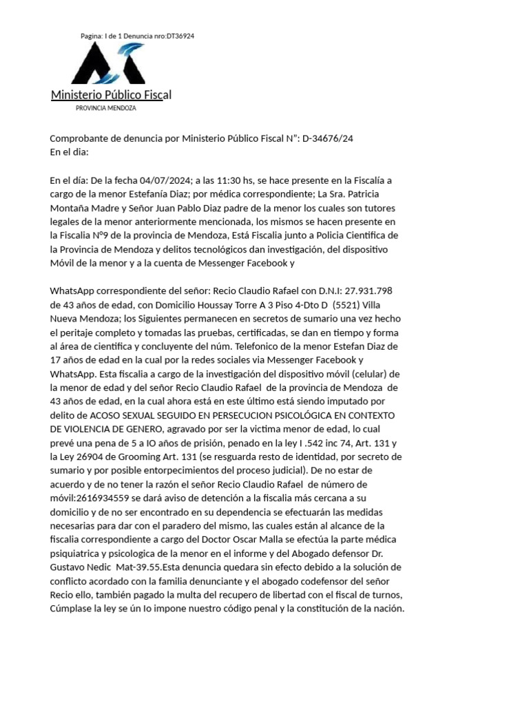 Recio Claudio Rafael Denuncia | PDF | Crímenes | Crimen y violencia