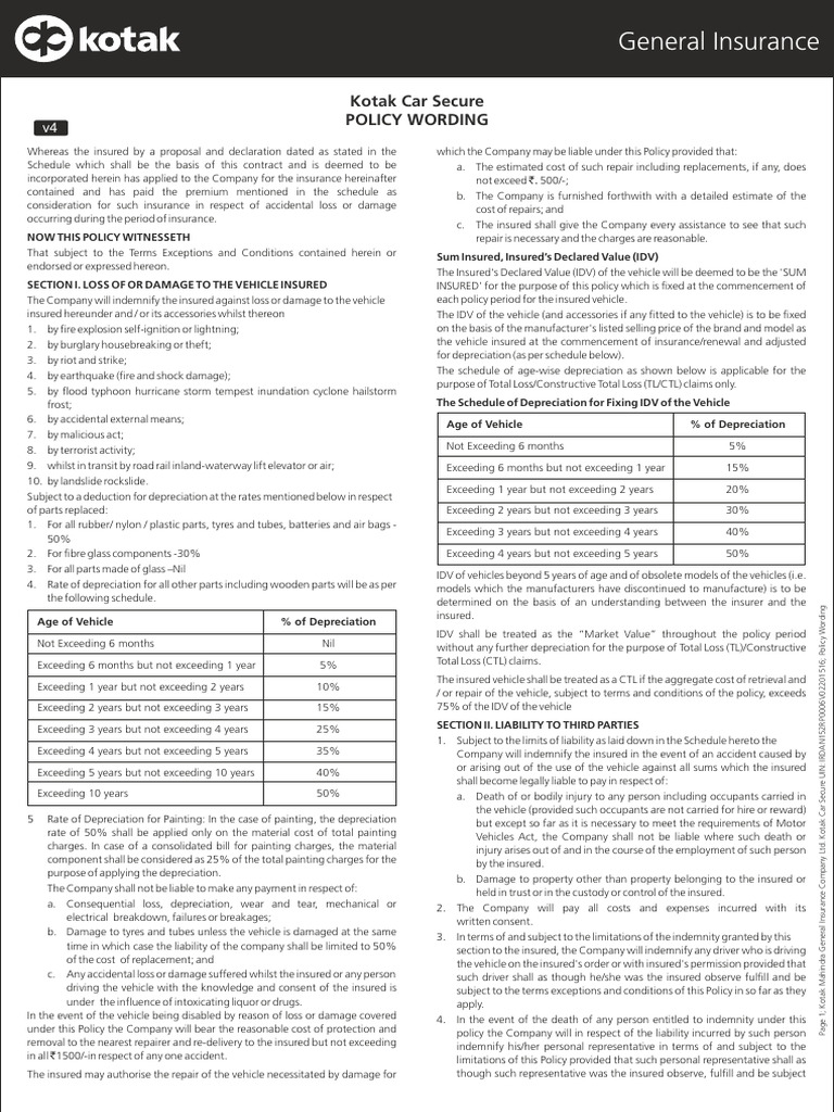 Kotak Car Secure | PDF | Indemnity | Insurance