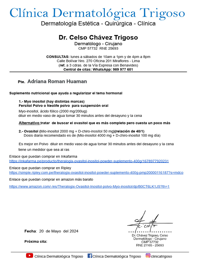 Receta de Myo Inositol Fersitol Adriana Roman Huaman | PDF | Salud y ...