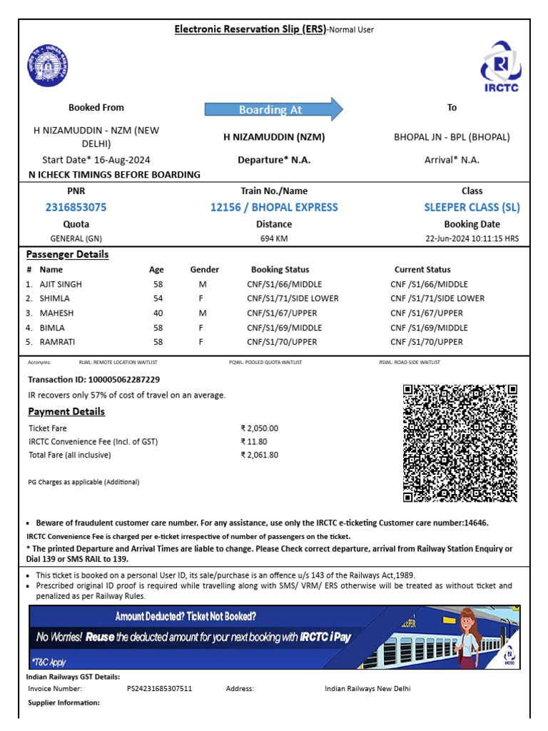 16 Aug 2024 Ticket | PDF | Identity Document
