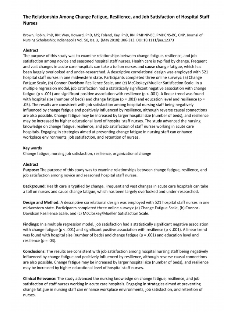 The Relationship Among Change Fatigue, Resilience, and Job Satisfaction ...