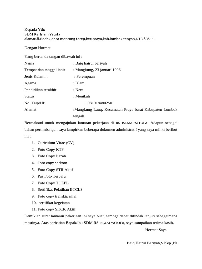 Surat Lamaran Kerja RS Risa | PDF