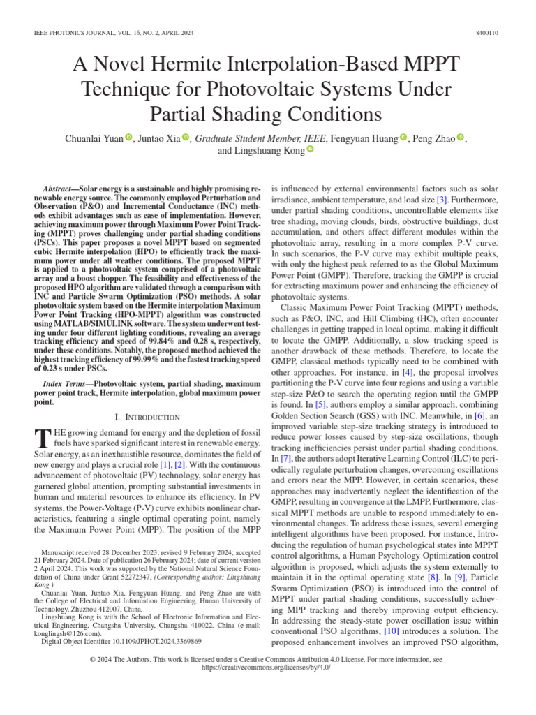 A Novel Hermite Interpolation-Based MPPT Technique For Photovoltaic Systems Under Partial ...
