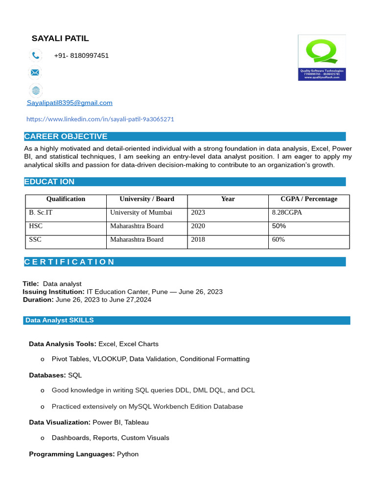 Sayali Resume 2 | PDF | Sql | Data Analysis