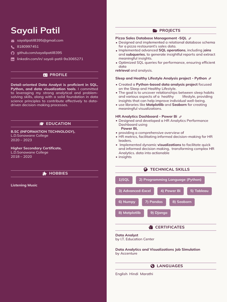 Sayali Patil FlowCV Resume 20240717 | PDF | Analytics | Sql