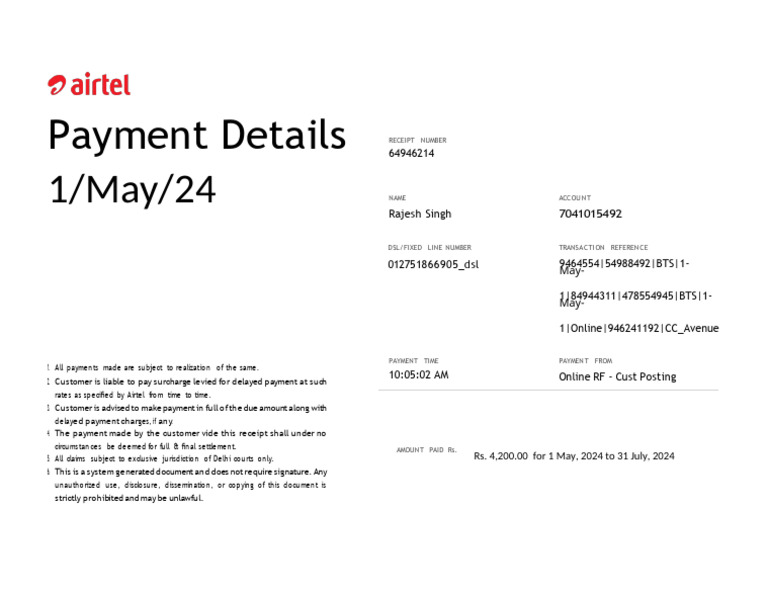 Wifi Bill May June July 2024 | PDF | Payments | Money