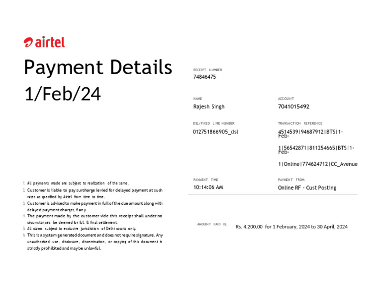 Wifi Bill Feb March April 2024 | PDF | Payments | Services (Economics)