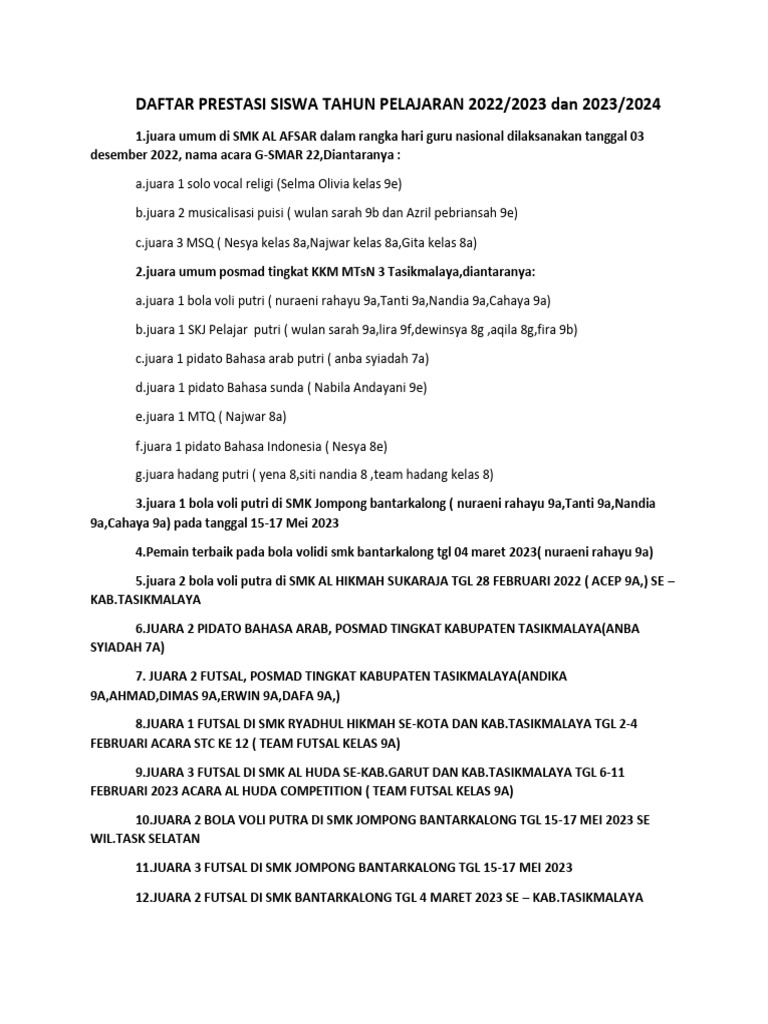 DAFTAR PRESTASI SISWA TP 22-23 Dan 23-24 | PDF