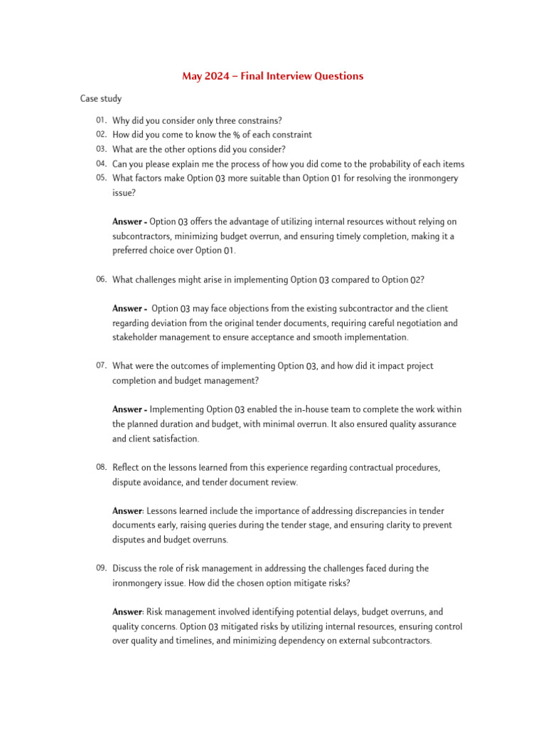 May 2024 - Final Interview Question 3 | PDF | Risk Management | Risk