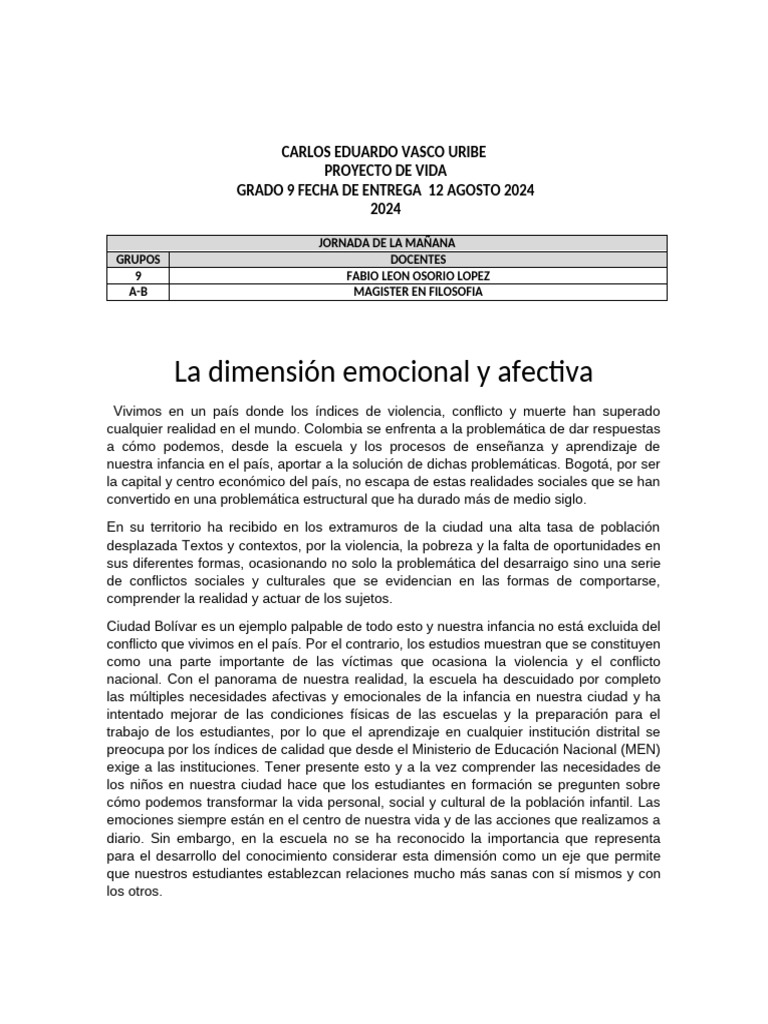 DIMENSION AFECTIVA Y EMOCIONAL DEL HOMBRE GRADO 9 Cevu 2024 | PDF | Las ...