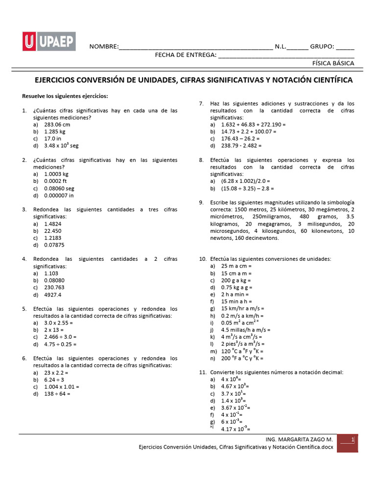 Ejercicios Conversión de Unidades, Cifras Significativas y Notación Científica | PDF | Medición ...